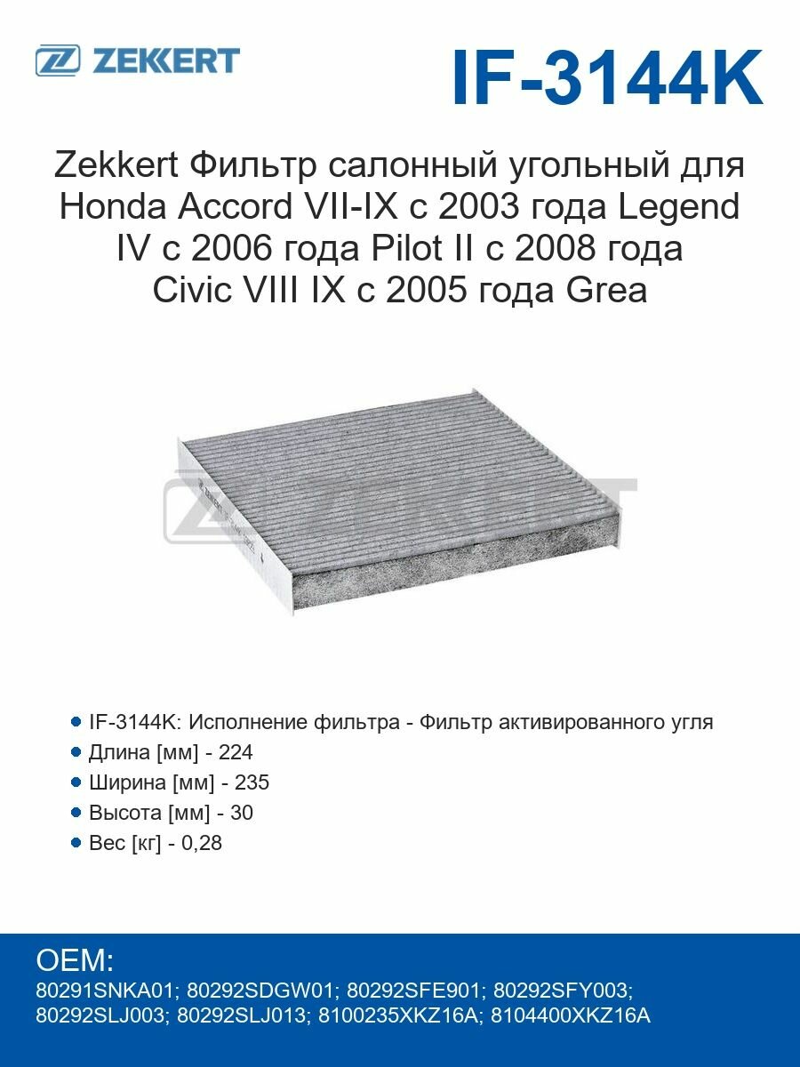 Zekkert Фильтр салонный угольный для Honda Accord VII-IX с 2003 года Legend IV с 2006 года Pilot II с 2008 года Civic VIII IX с 2005 года Grea