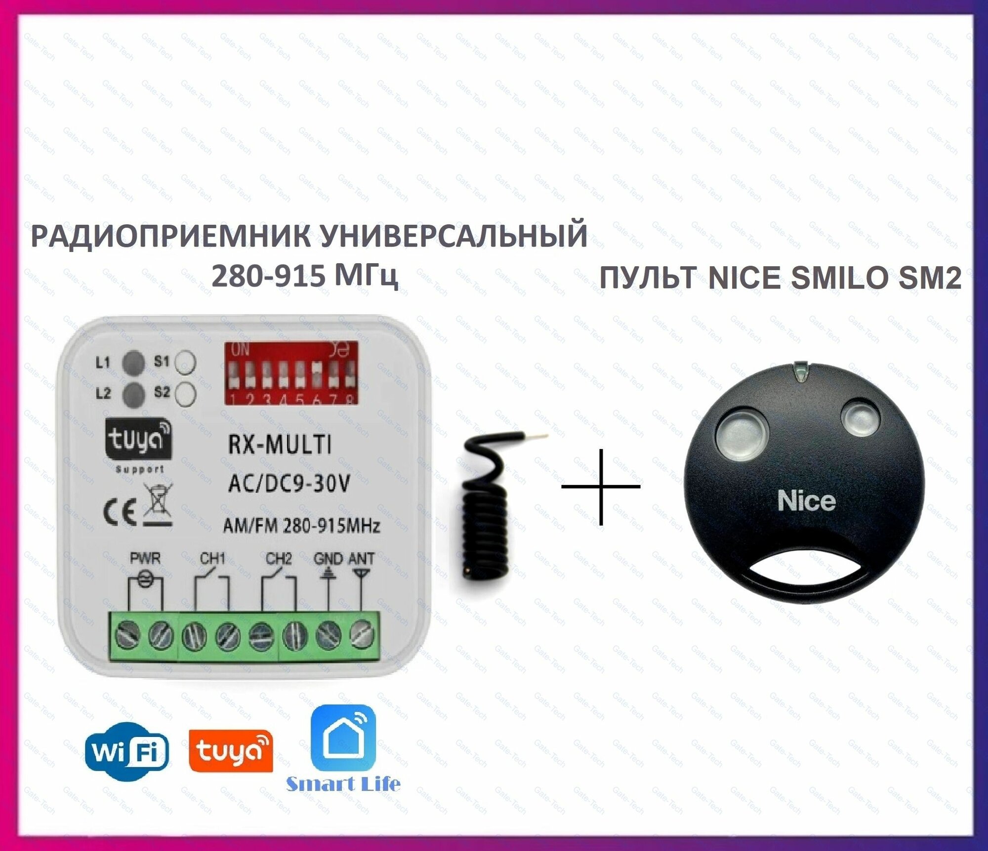 Радиоприемник внешний универсальный 2-х канальный для ворот и шлагбаумов RX-MULTI Wi-Fi Tuya Smart 300-868MHz AC/DC9-30v (мультичастотный) + пульт Nice Smilo SM2