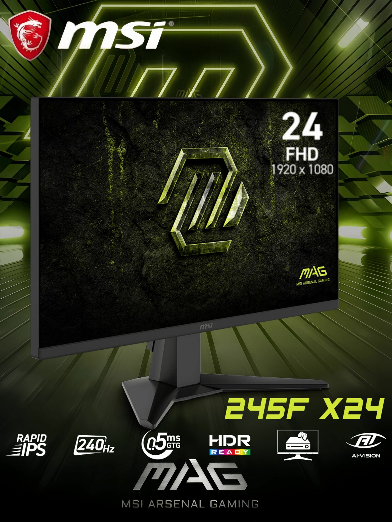 MSI 23.8" Монитор MSI MAG 245F X24,240HZ,1920 x 1080 (FHD), Rapid IPS, черный матовый