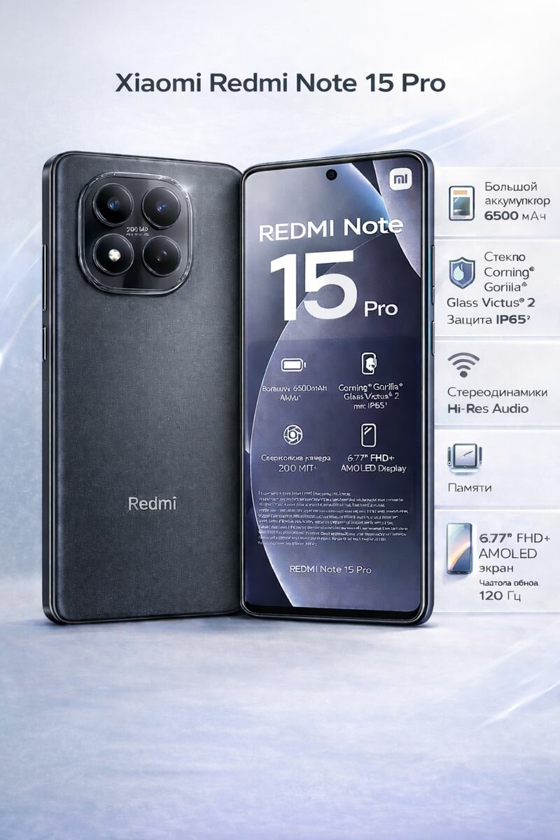 Смартфон Xiaomi Redmi Note 15 Pro 4G 12/512GB, Dual nano SIM, NFC, Global (Глобальная версия), цвет Black (Черный)