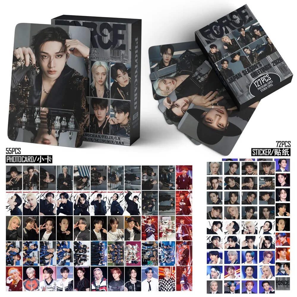 Набор карт и наклеек Stray Kids FORCE SEASON'S GREETINGS 2026, 127шт (55 фото-карт + 72 наклейки), мерч для фанатов