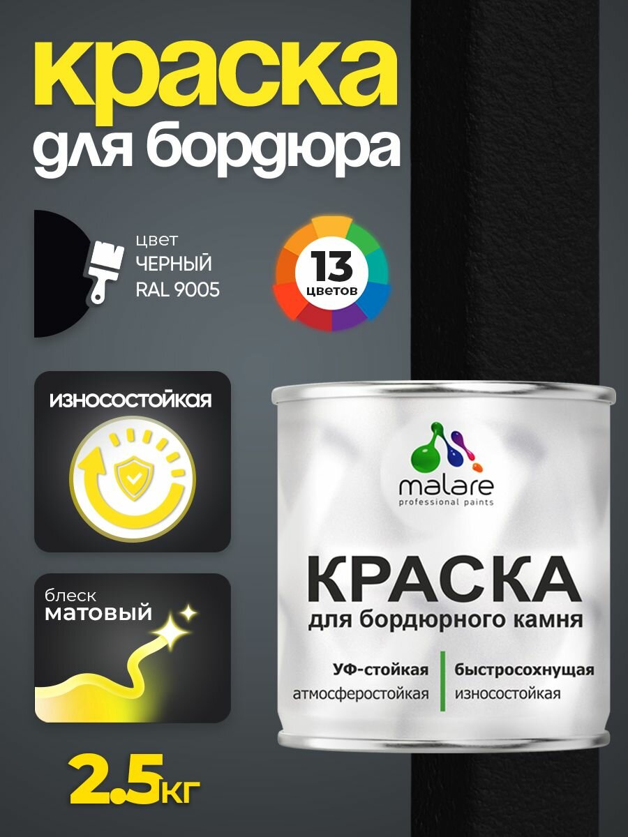 Краска Malare для бордюрного камня, тротуарных камней и плит, износостойкая, быстросохнущая, матовая RAL 9005, черный, 2,5 кг