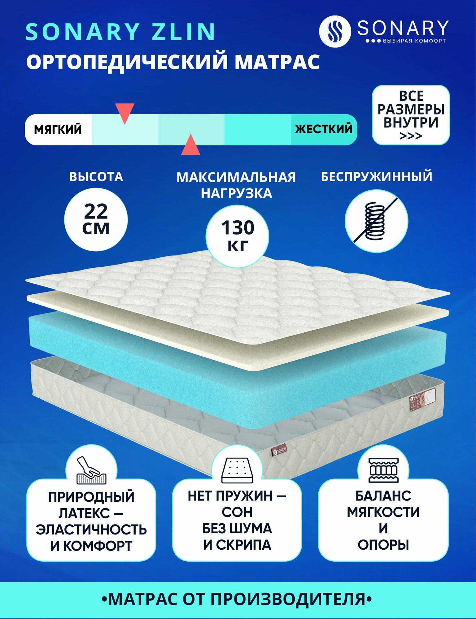 Матрас Sonary Zlin 175х170 серии Foam высота 22 см анатомический средней жесткости латексный Беспружинный