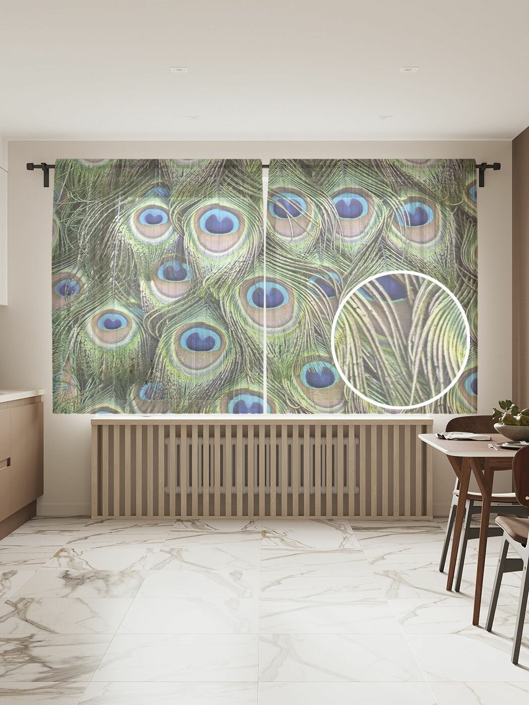 Тюль, фототюль короткий JoyArty "Мир павлина" высота 180 см, ширина 145 см (2 полотна) на шторной ленте, крючки в комплекте