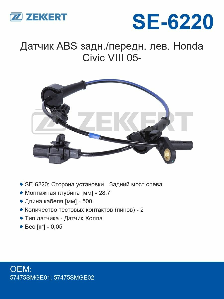 Zekkert Датчик ABS задний/передний левый Honda Civic VIII с 2005 года