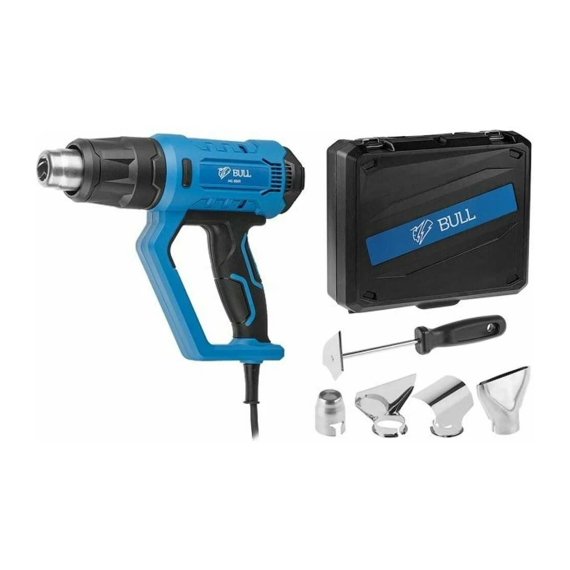 Фен строительный BULL HG 6501 326218, 2000 Вт, 500 л/мин, плавная регулировкой температуры, от 50°C до 650°C, синий