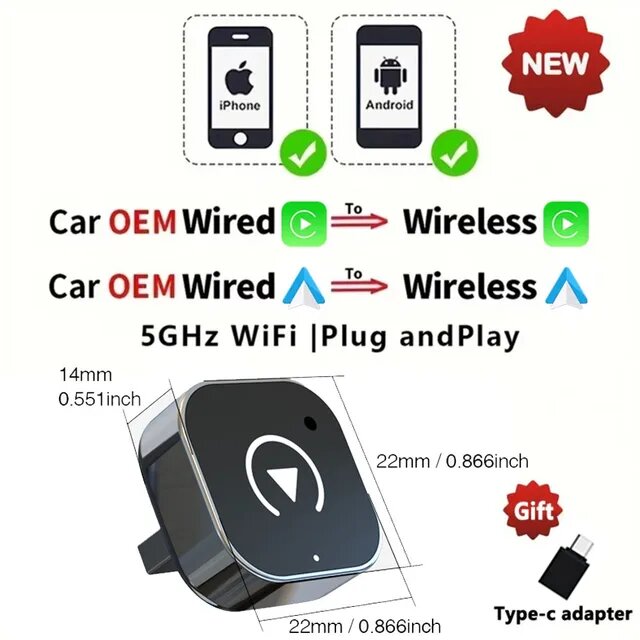 Беспроводной адаптер CarPlay для автомобилей Android и Apple, проводной и беспроводной блок AI с USB-подключением, совместимый с Volvo, Mercedes-Benz, Kia, Chery, Volkswagen и другими моделями.