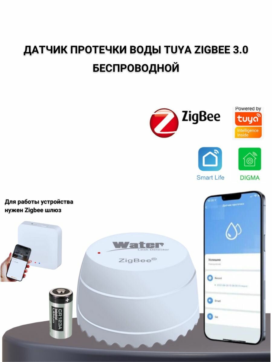 Датчик протечки воды Tuya Zigbee 3.0 беспроводной