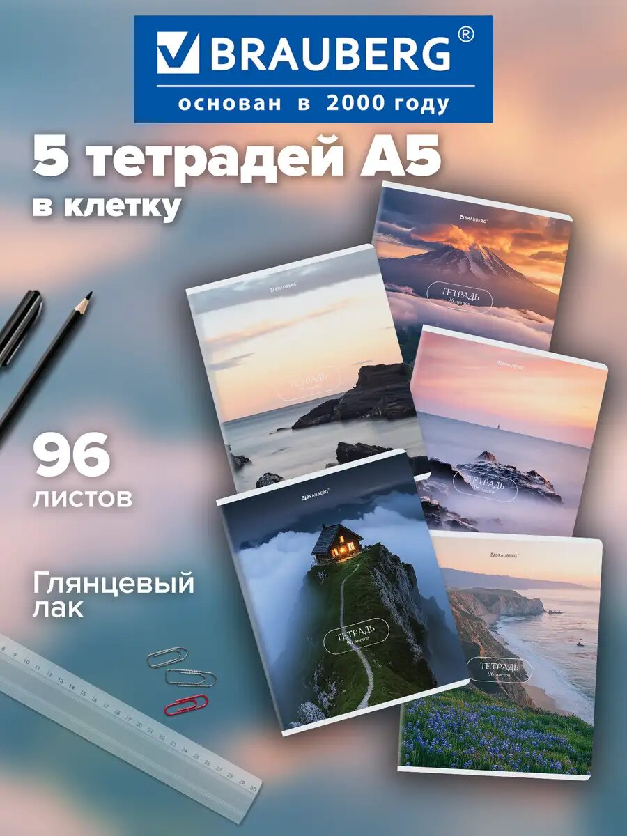Тетрадь в клетку 96 листов А5 общая для записей на скобе в школу и офис, набор 5 штук, Brauberg, 404984