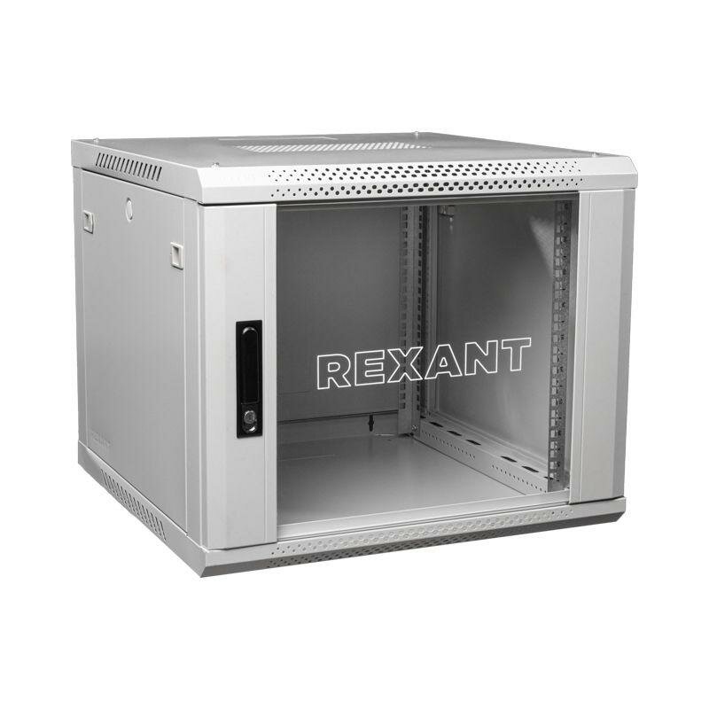 Шкаф телекоммуникационный настенный 19дюйм 12U 600х600х635 дверь стекло стенка задняя боковые съемные стенки разборный сер. RAL7035 Rexant 04-1266-111