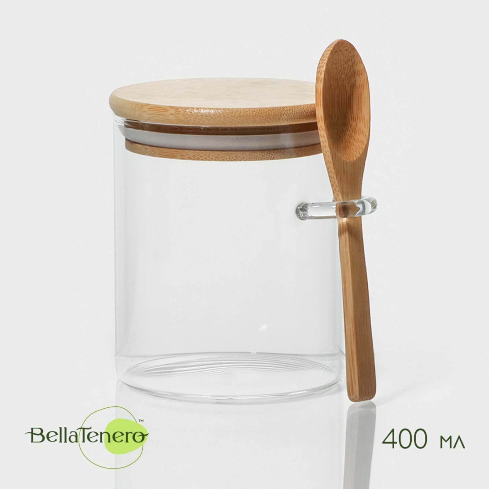 Банка для хранения сыпучих Bella Tenero "Эко", 400 мл, 10.5x8.5 см, с бамбуковой крышкой, с ложкой, стекло