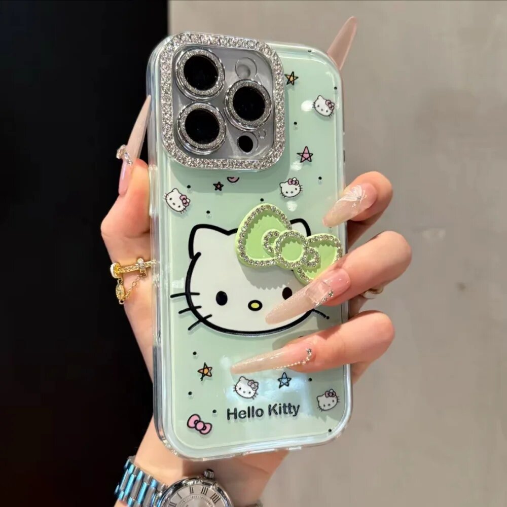 MINISO Милый мультяшный чехол для телефона Sanrio/Hello Kitty с блестящим 3D-бантиком, совместимый с iPhone 17, 16, 15, 14, 13, 12, 11 Pro Max, задняя крышка конфетного цвета, Материал: Для iPhone 17 Promax