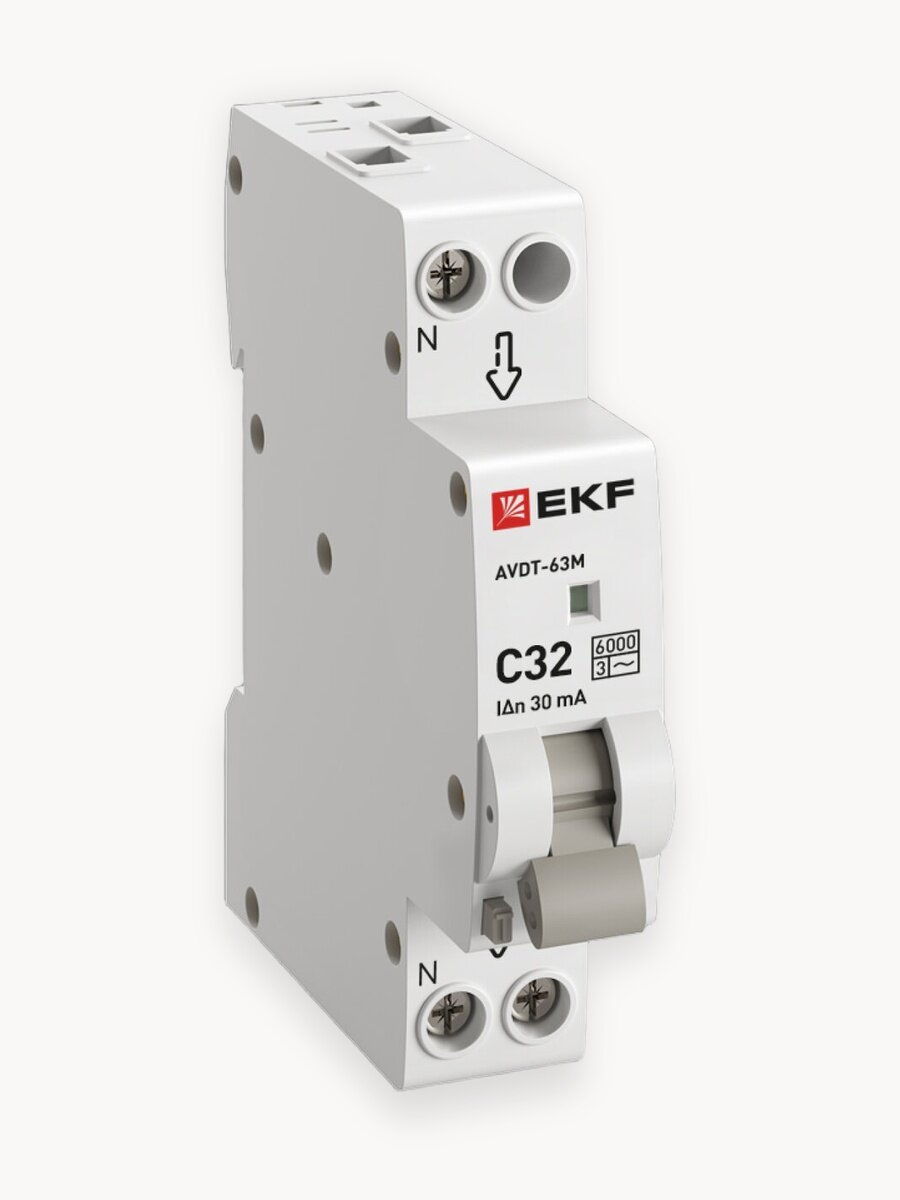 Дифавтомат EKF PROXIMA АВДТ-63М 32А, 30мА, тип АС, х-ка C, 1P+N (двухполюсный), электронный, компактный (1 модуль), 6кА
