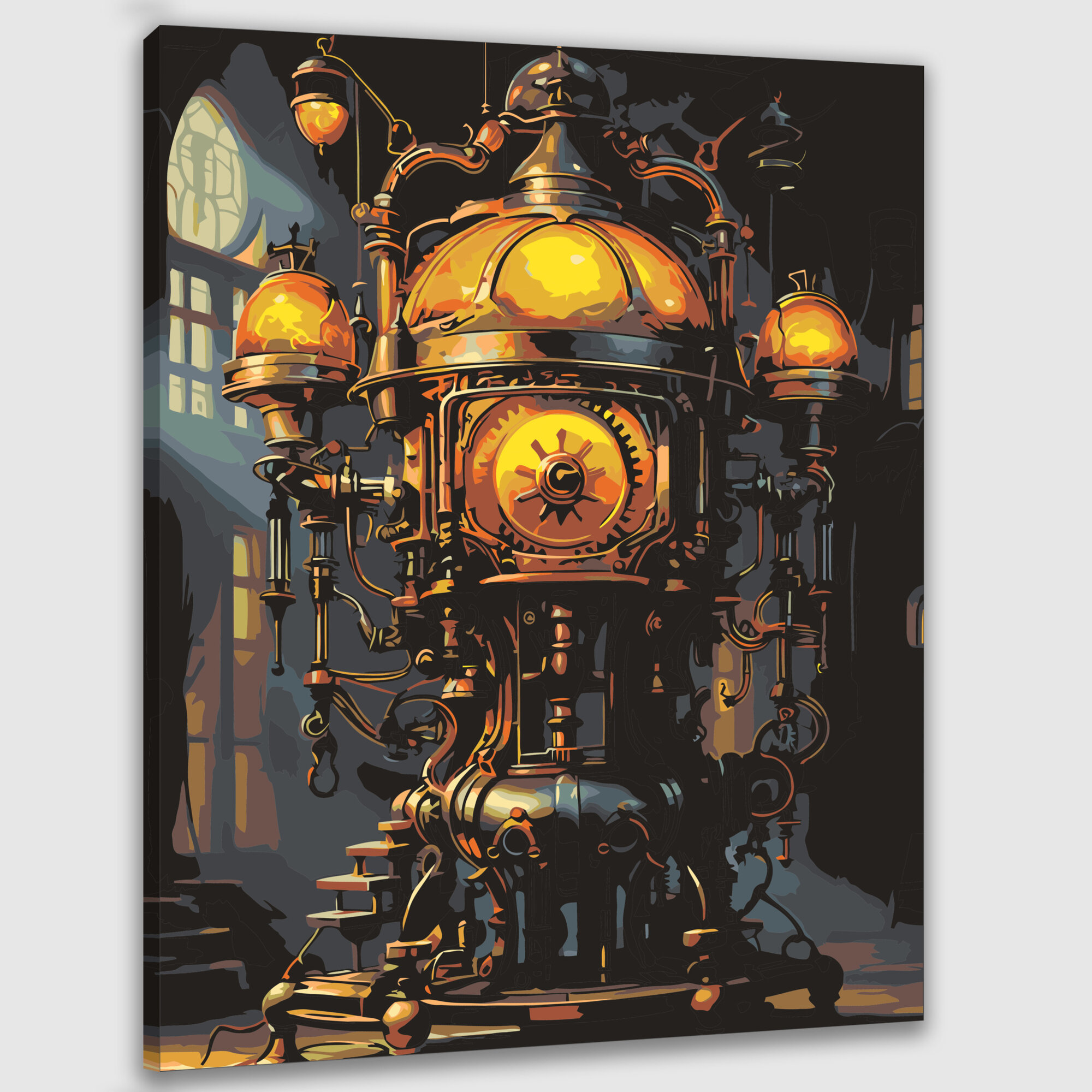 Картина по номерам 40x50 см, цифровая картина, стимпанк, Машина вдохновения, шестеренки, винтики, цветовые всплески