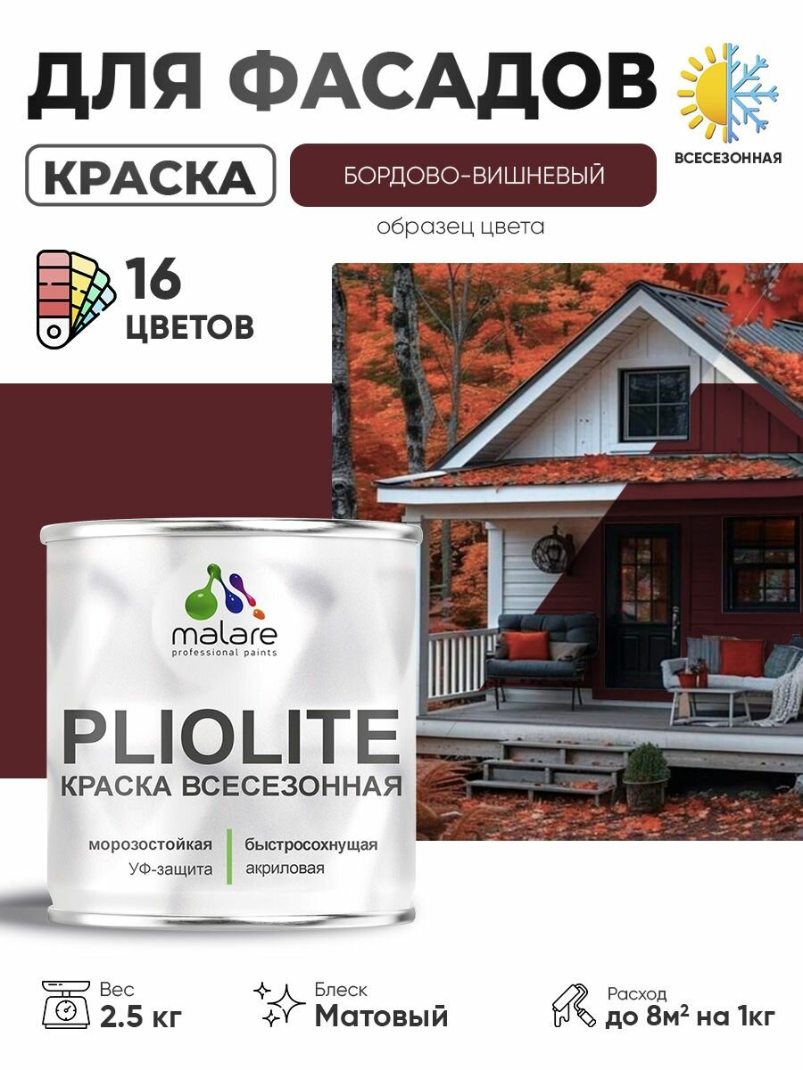 Краска-эмаль Pliolite всесезонная, зимняя, для всех типов поверхностей, антикоррозионная, RAL 3005, вишнево-бордовый, матовая, 2,5 кг.