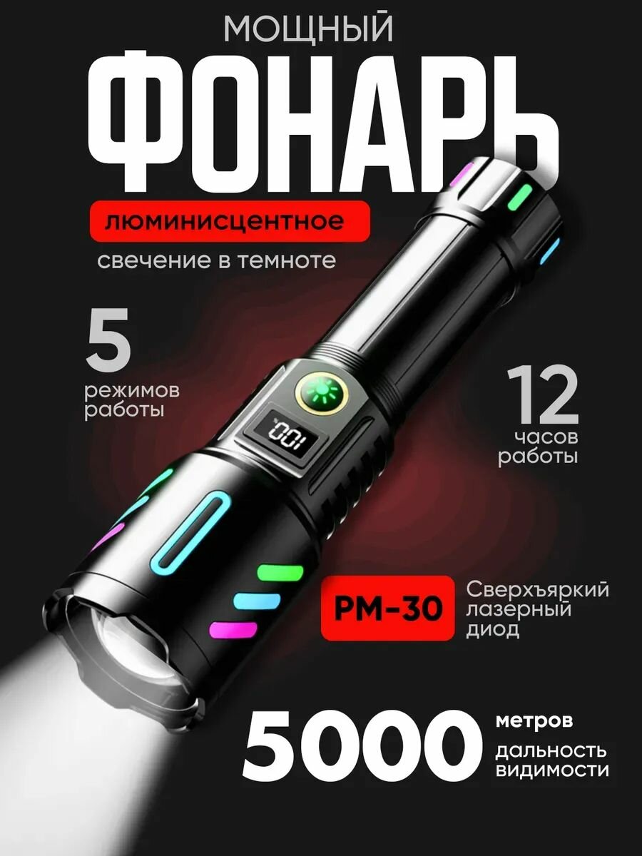 Мощный фонарь с лазерным диодом, 5000 м, 5 режимов, Power Bank, люминесцентный корпус, авиационный алюминий