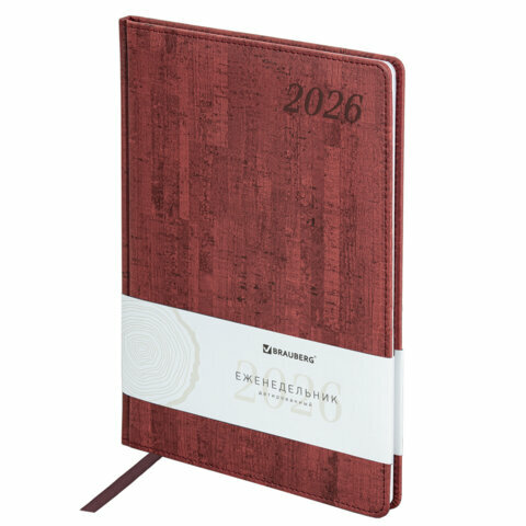 Еженедельник датированный 2026 большой формат 210х297мм А4 BRAUBERG Wood, под кожу, бордо, 117159