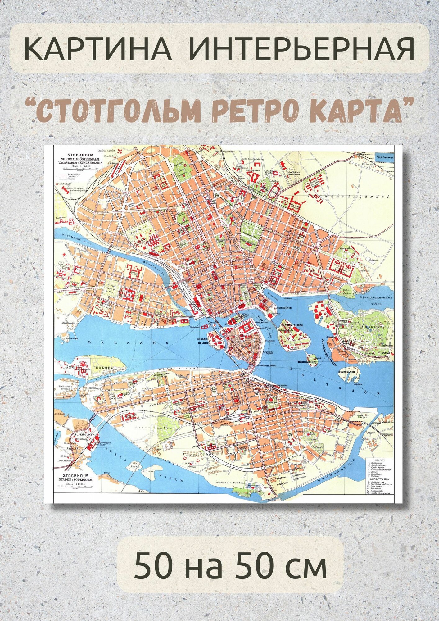 Картина с планом Европейского города "Карта Стокгольма" 50х50 см