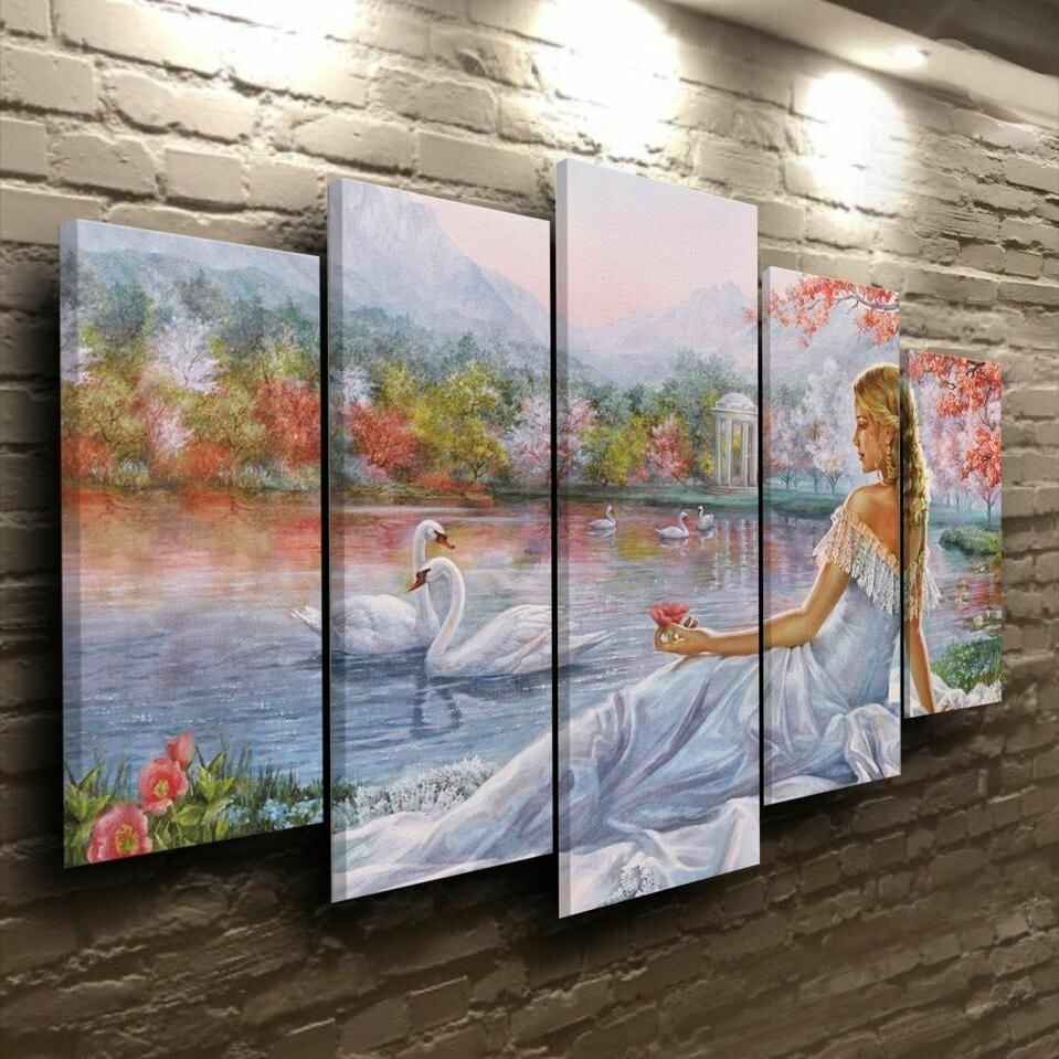 Modul007 Модульная картина из 5 модулей "Девушка у пруда" 140х80 см для гостиной для спальни для комнаты для интерьера