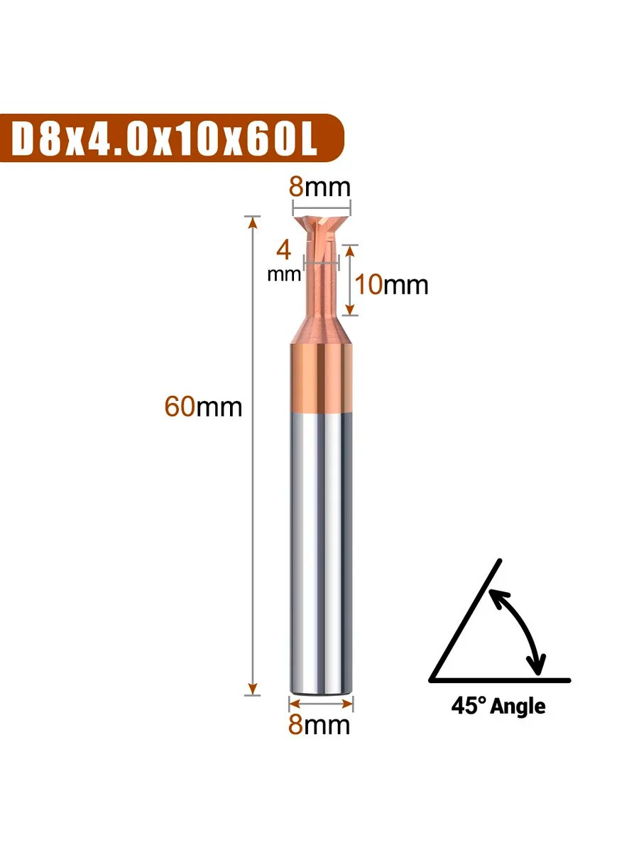 Фреза по металлу пазовая "Ласточкин хвост" 45° 8х8х60мм