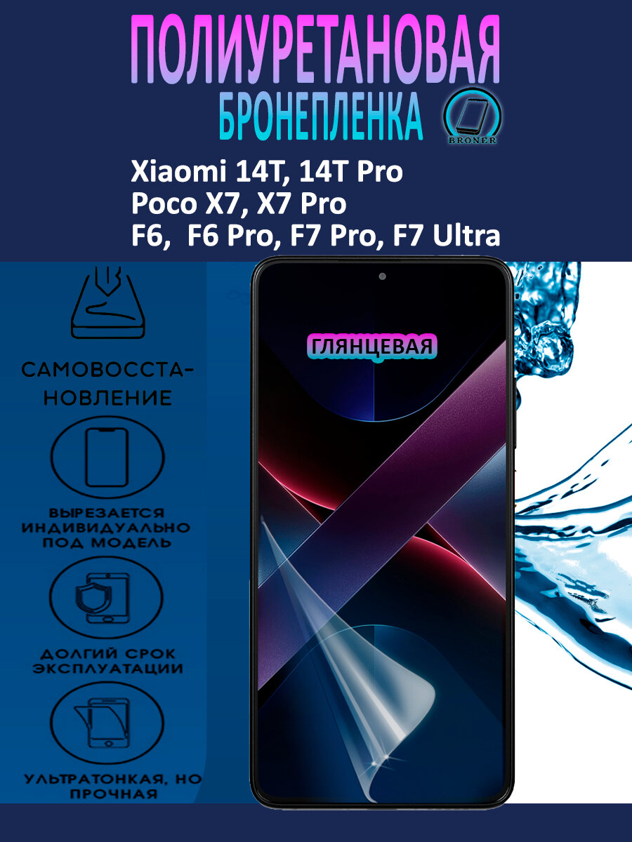 Полиуретановая бронепленка для Xiaomi 14T, 14T Pro / Poco F6, F6 Pro, X7, X7 Pro, F7 Pro, F7 Ultra / Защитная плёнка на экран, совместима с чехлом, с вырезом под камеру / Глянцевая
