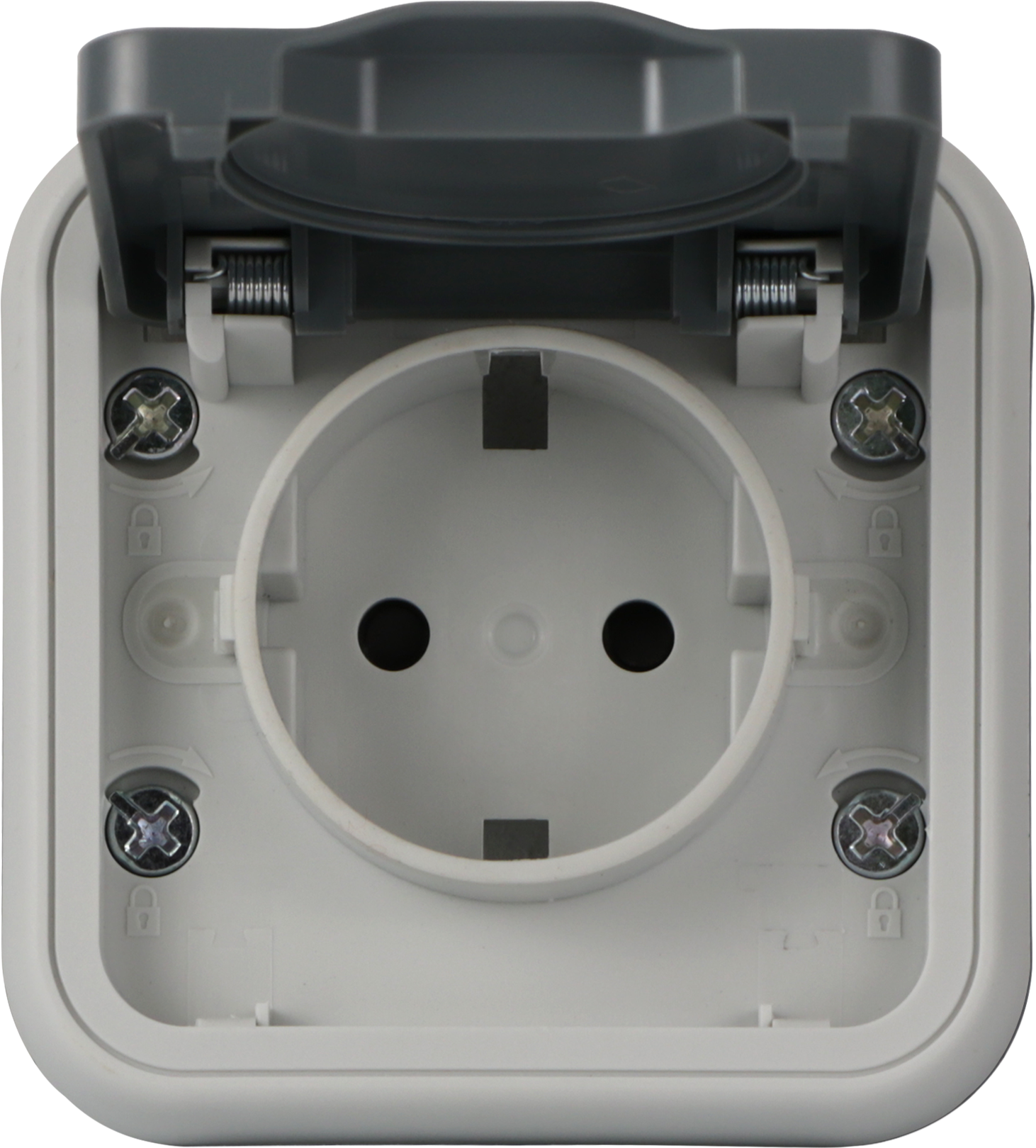 Розетка Schuko с заземлением со шторками с крышкой встраиваемая 16А 250В IP55 на винтах, цвет серый, серия W55 Donel