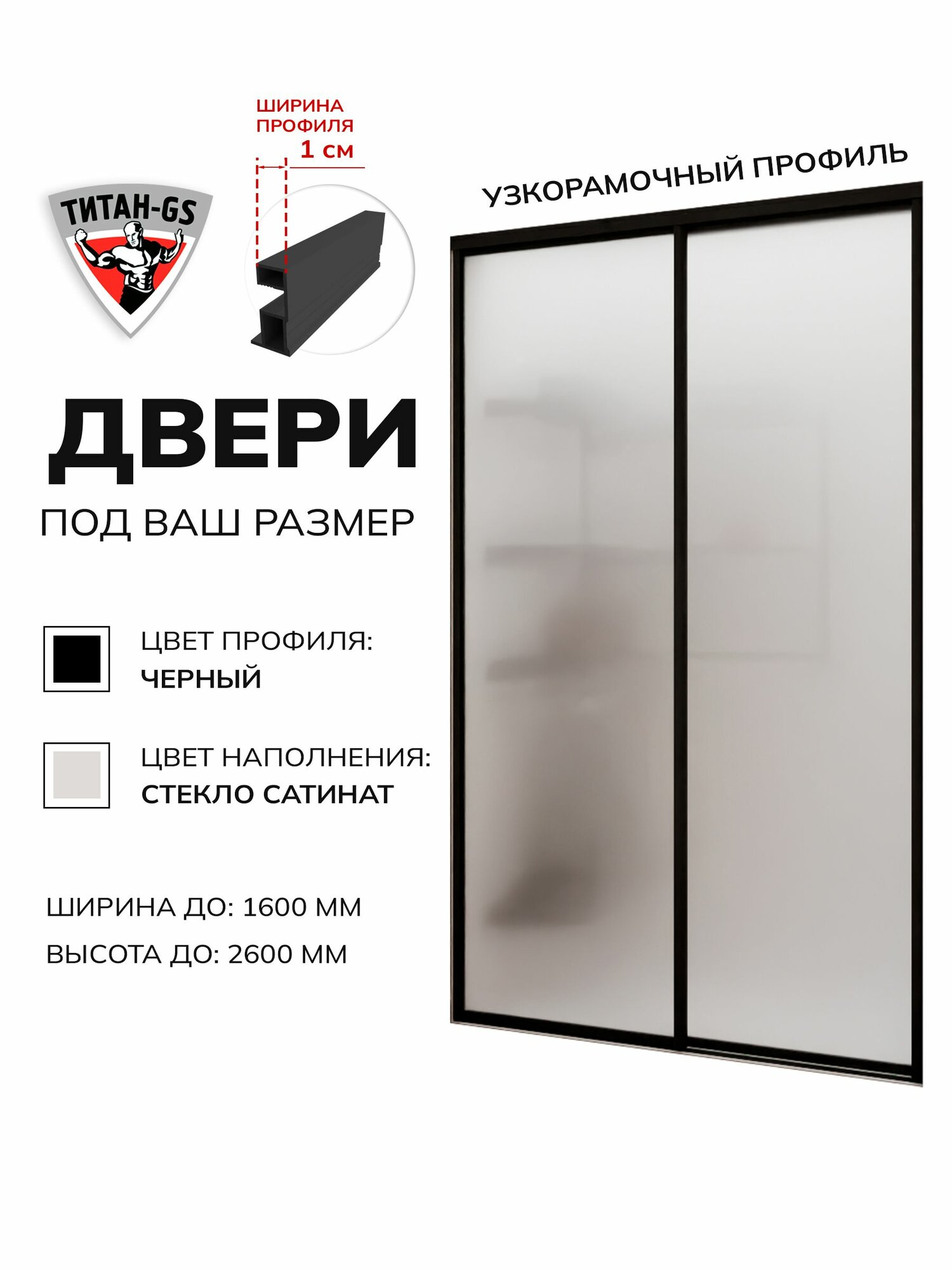 Двери купе для гардеробной и шкафов с узкорамочным квадратным профилем CAT Титан-GS 2 створки в проем до 1600 мм на 2600 мм, профиль черный стекло сатинат