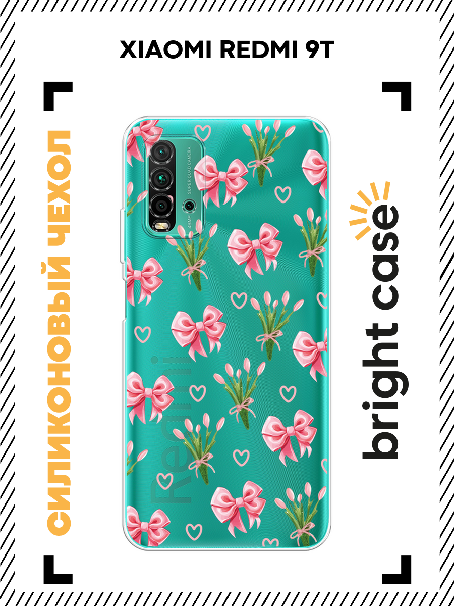 Чехол на Xiaomi Redmi 9T / Редми 9Т с принтом Бантики и тюльпаны, прозрачный