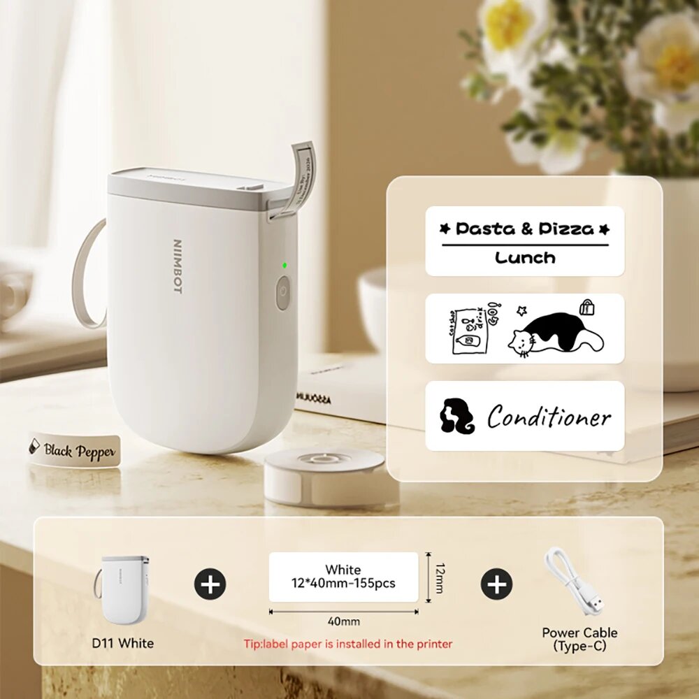 Niimbot обновленный мини-термопринтер D11, 300 точек на дюйм, беспроводной самоклеящийся прибор для изготовления этикеток, бесчернильный карманный штрих-код, этикетировочная машина с именем, White D11