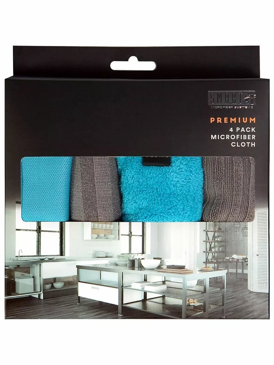 Салфетки для уборки Smart Microfiber System Premium, для стекол, мебели, кухни и ванной комнаты, 4шт./уп.