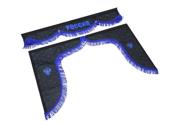 Ламбрекен лобовой длина 1.5 м. Экокожа с надписью россия + боковые (чёрный + синяя бахрома)