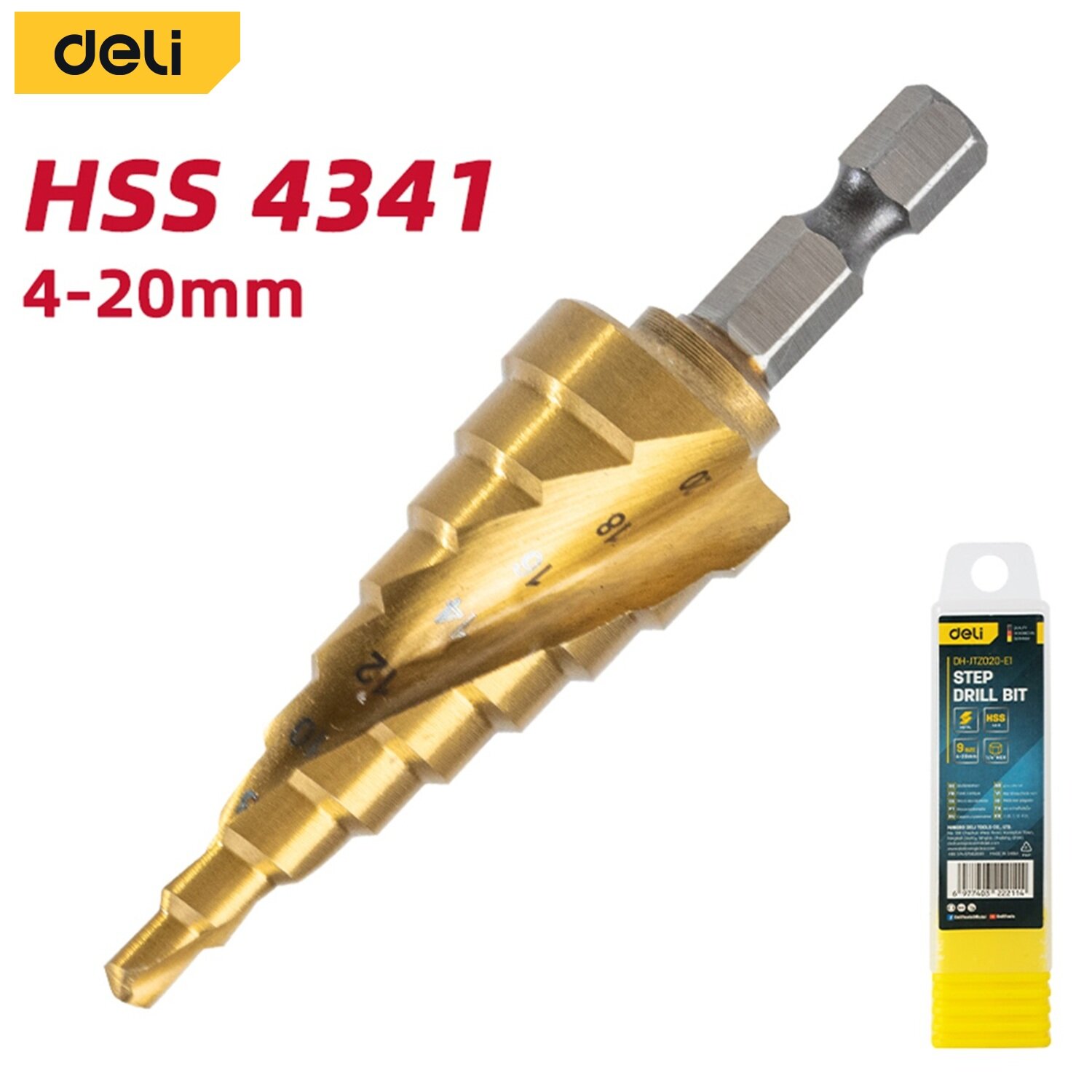 Сверло ступенчатое по металлу 4-20мм Deli DH-JTZ020-E1 (HSS 4341, спиральная канавка, шестигранный хвостовик)