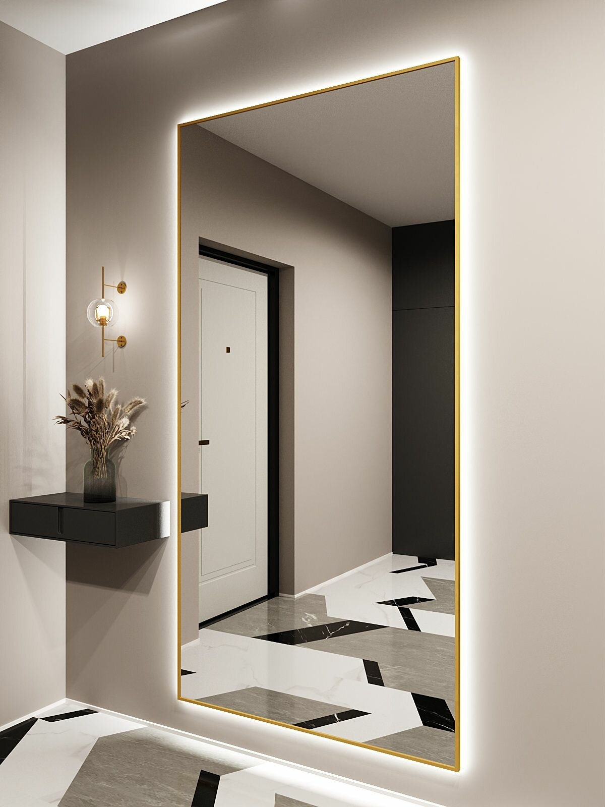 Зеркало настенное 200х100 см. BLX MIRROR с подсветкой в алюминиевой раме. Свет: Холодный белый 6000К, Золото