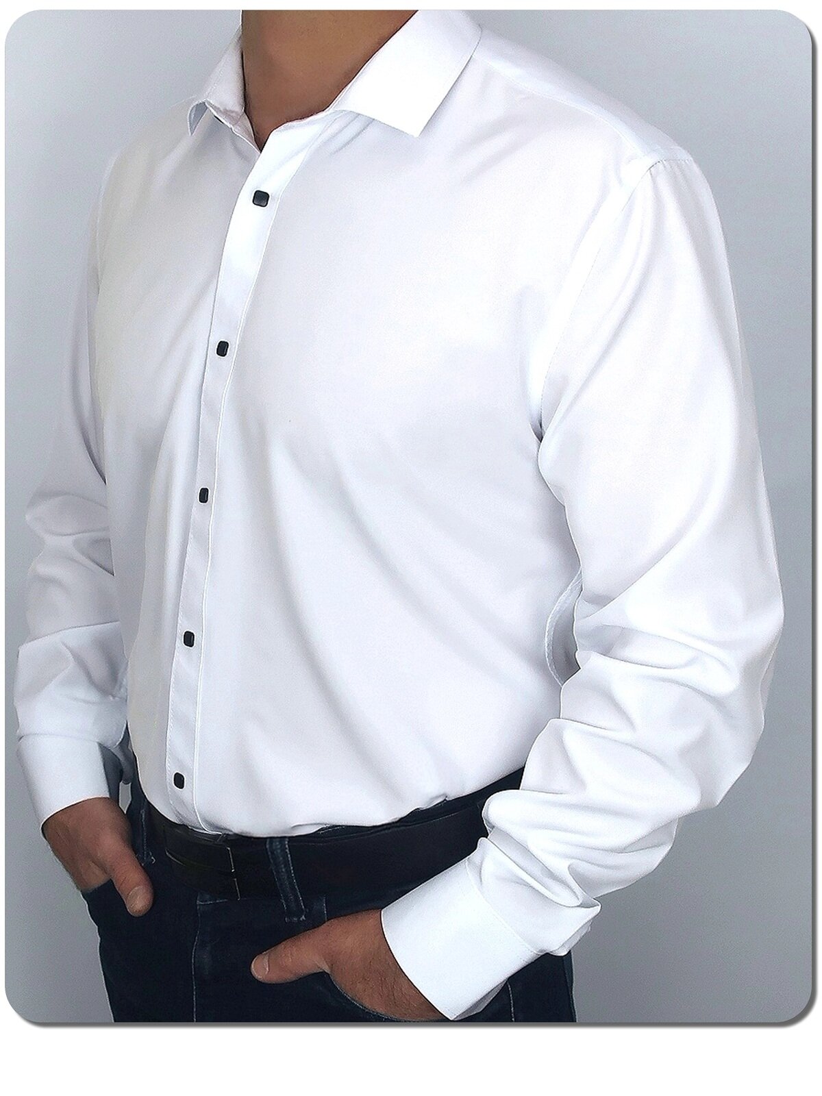 Рубашка Мужская рубашка с длинным рукавом приталенная, светлая сорочка на кнопках, рубаха на любой сезон, белая однотонная, без карманов, на любой сезон и на лето рубашка Slim fit с приталенным кроем зауженна