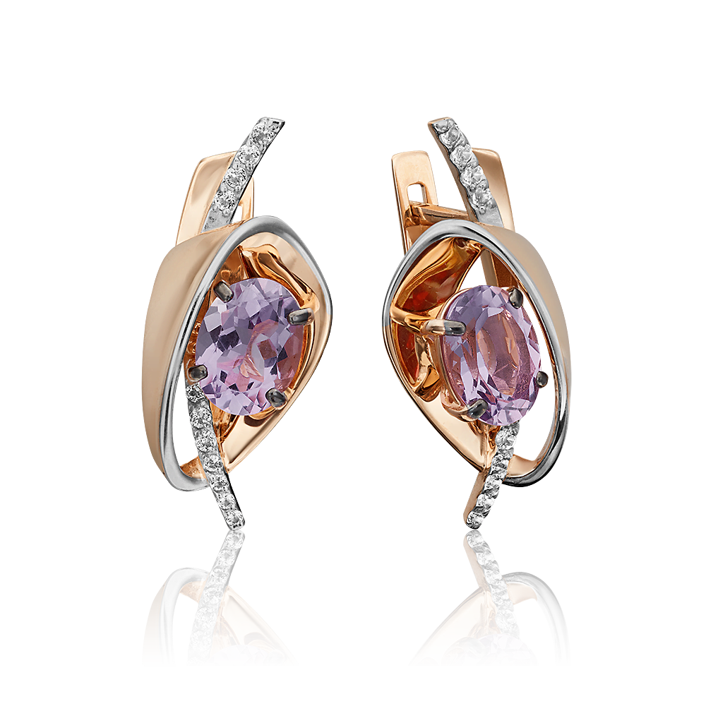 Серьги, красное золото, 585 проба, аметист, топаз