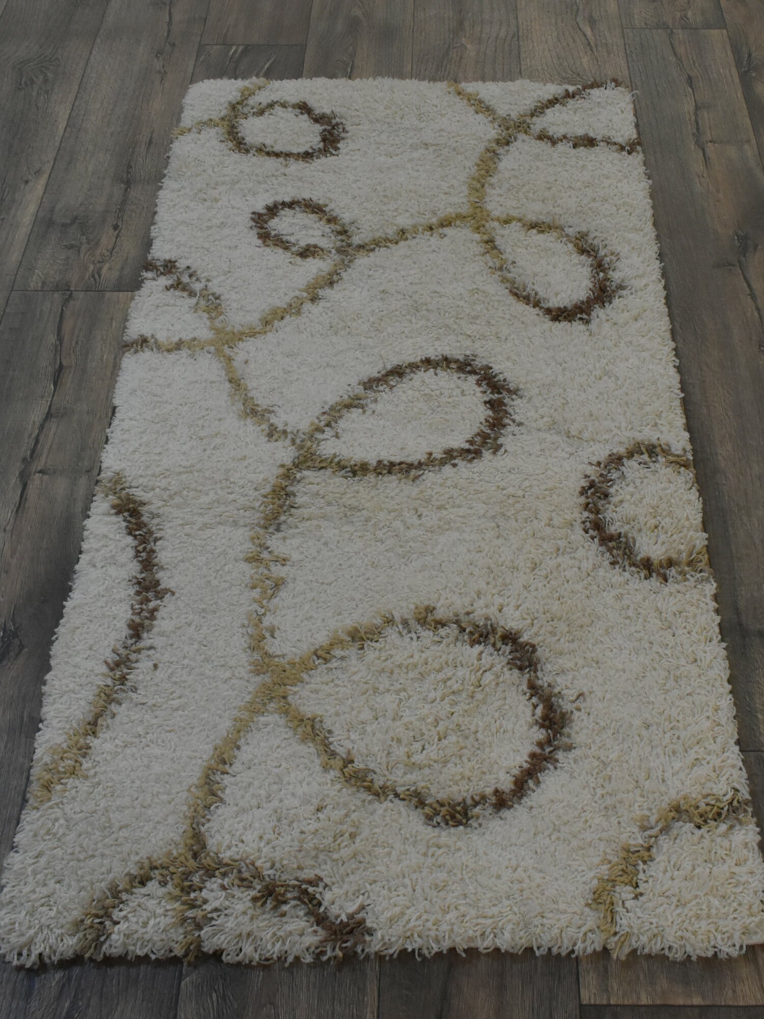 Ковер пушистый прямоугольный, в гостиную, спальню, детскую, 13421-30122, Шегги Acvila, молочный с рисунком, 0.8*1.5 м