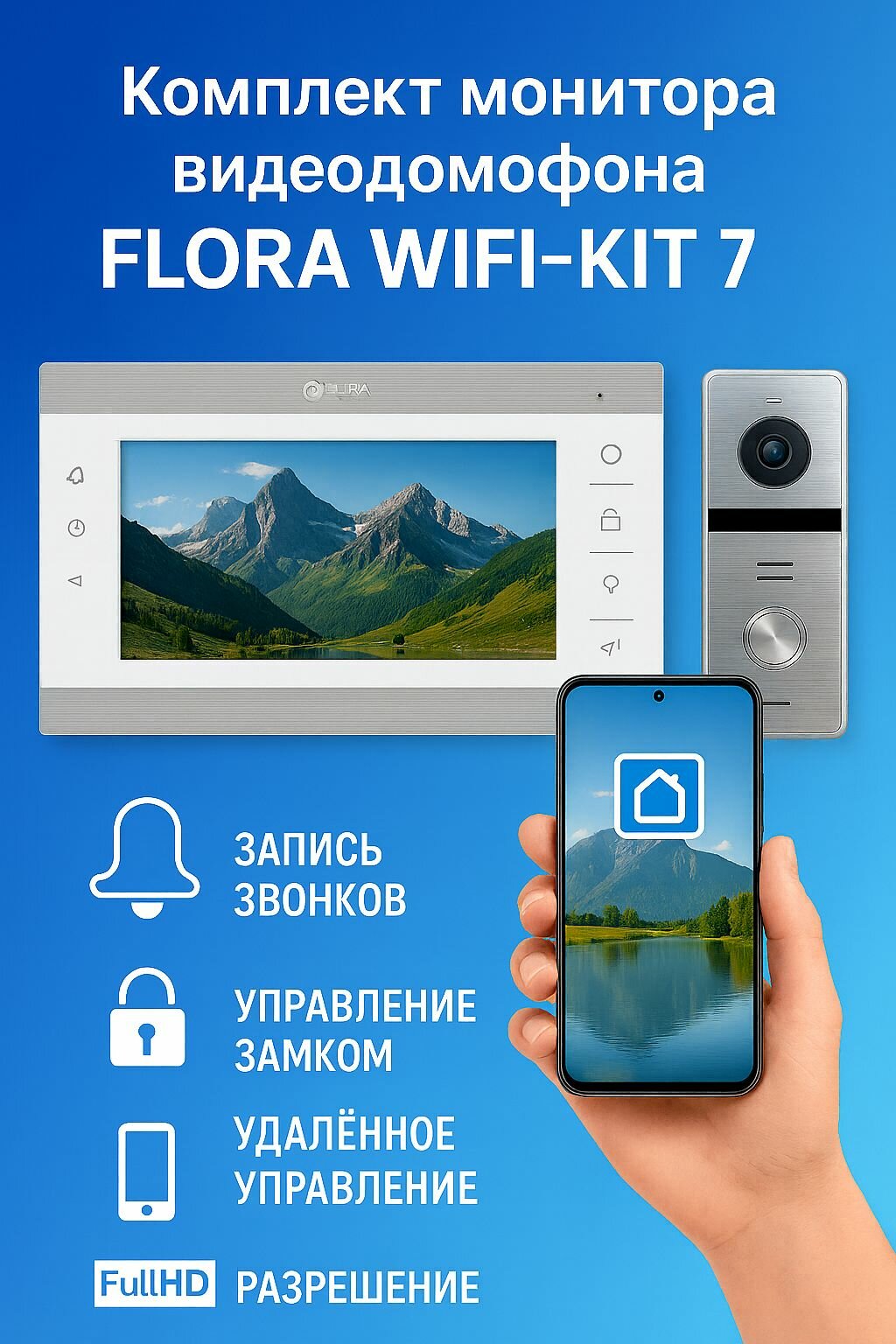 Комплект видеодомофона FLORA WIFI-KIT (910sl) Full HD 7 дюймов, / видеодомофон в квартиру / для частного дома