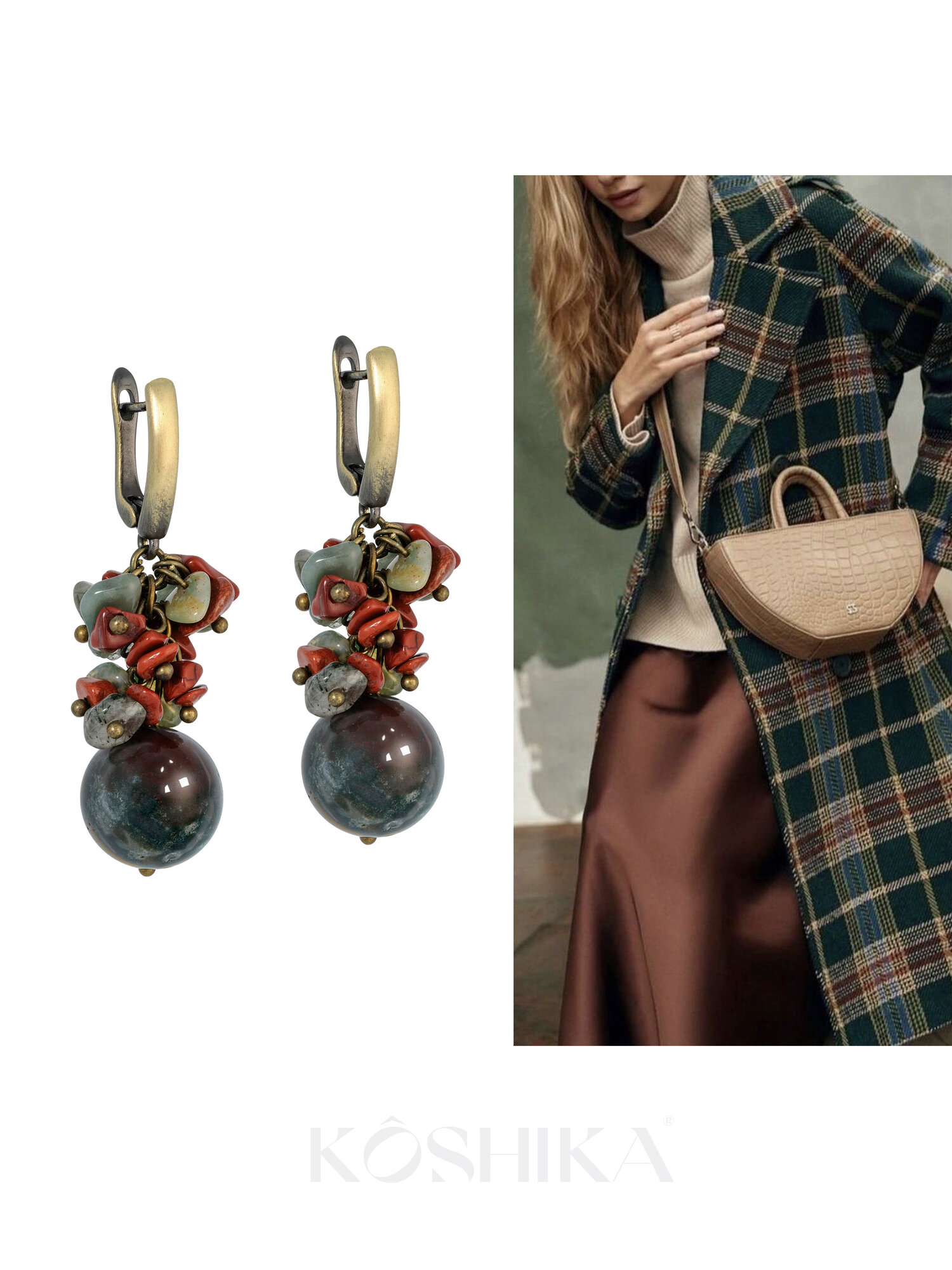 Серьги с подвесками, двусторонние, агат