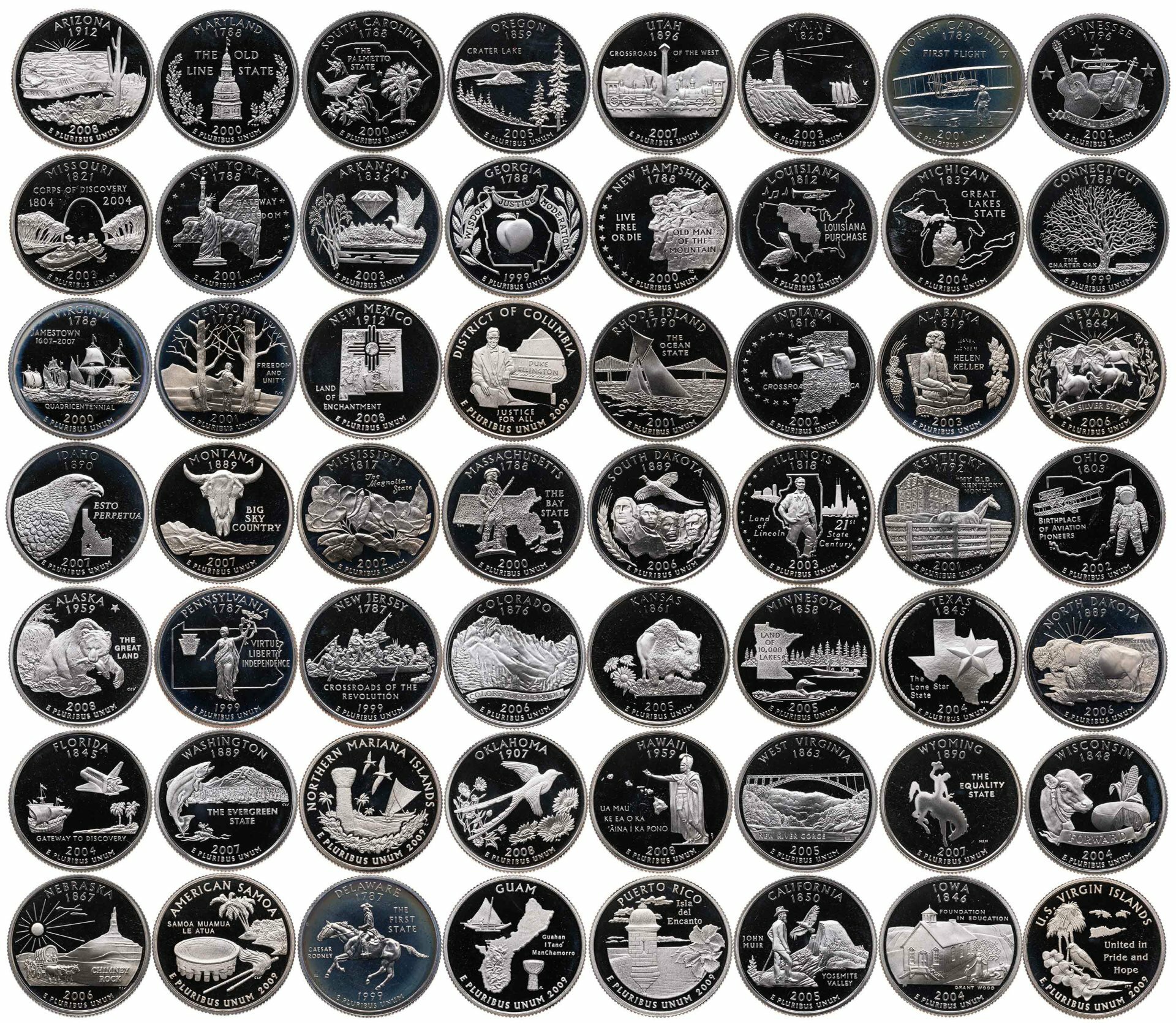 США набор из 2-х случайных монет 25 центов 1/4 доллара, квотер S 1999-2009 "Штаты и Территории" PROOF, Мельхиор медь-никель, в сохранности Proof