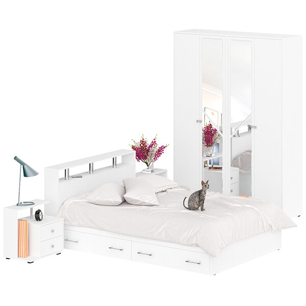 Спальня Камелия № 8 Кровать с ящиками 1400 + Две тумбы + Шкаф 4-х створчатый, цвет белый, сп. м. 1400х2000 мм, б/м, основание есть