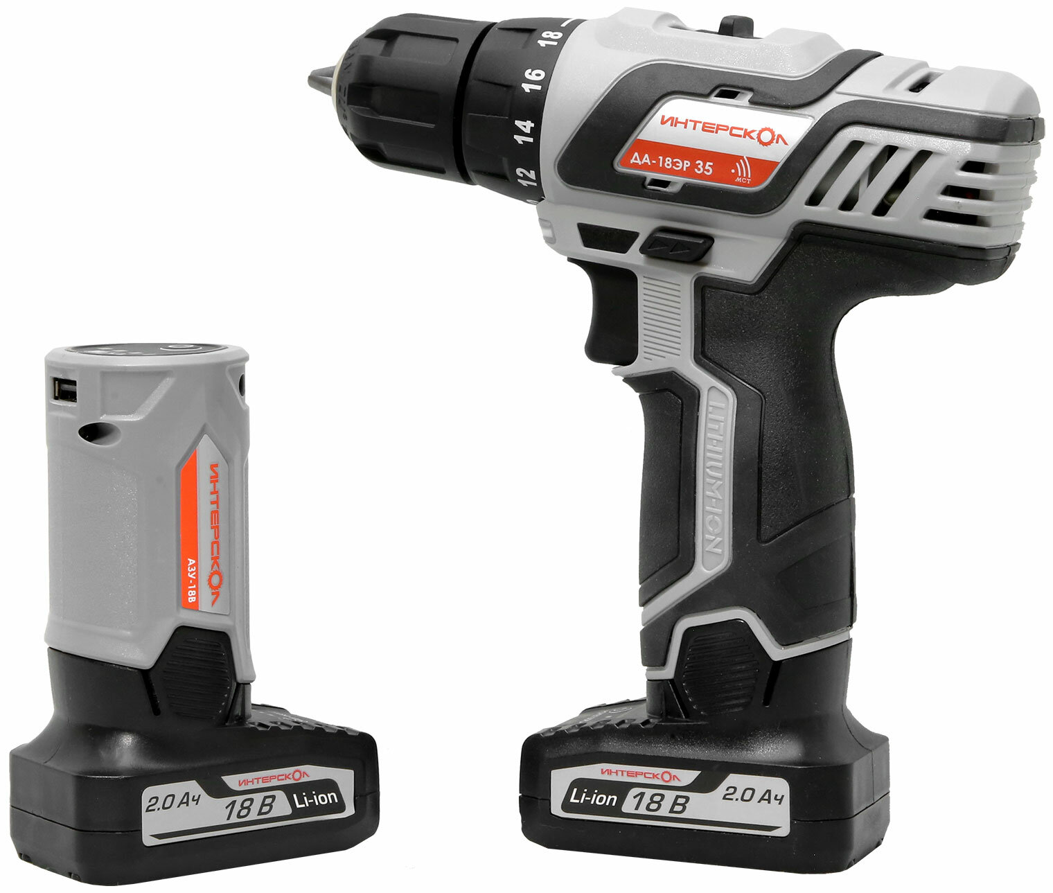 Дрель-шуруповерт Интерскол ДА-18ЭР 35 Li-ion (2 аккум. 2 Ач) + подарок АЗУ-18В