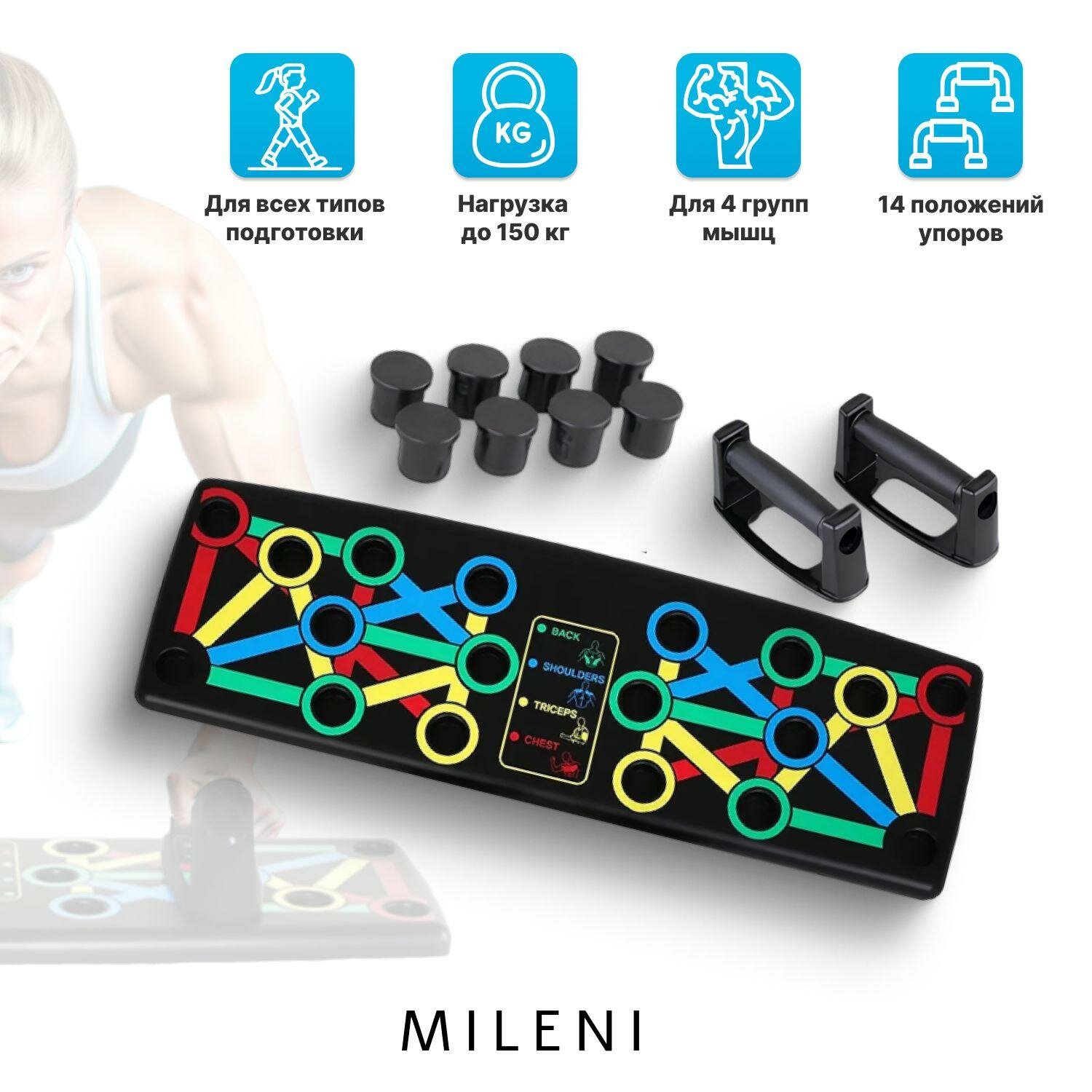 MILENI Тренажер для отжиманий портативный, на 4 группы мышц, черный