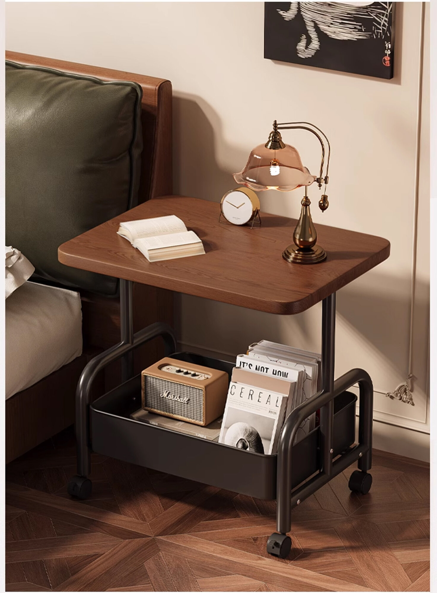 Этажерка на колесах черная, металл, ДВП, 1 полка, нагрузка 20кг, 43х52.5х30 см