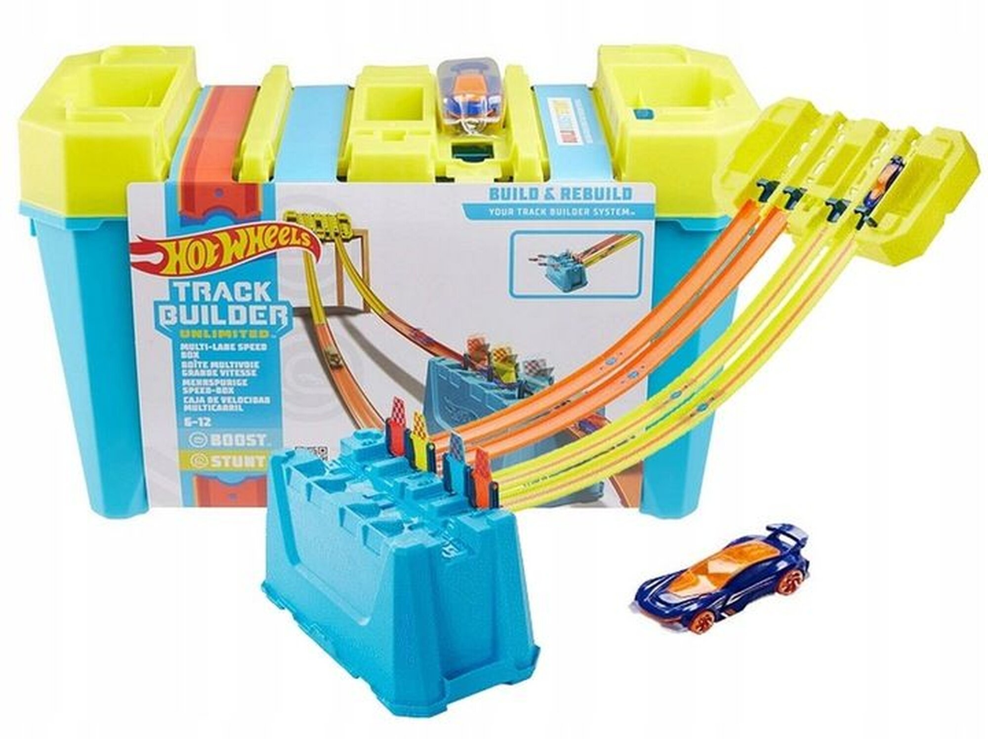 Игровой набор Hot Wheels Track Builder GLC95, автотрек, 4 дорожки, с контейнером