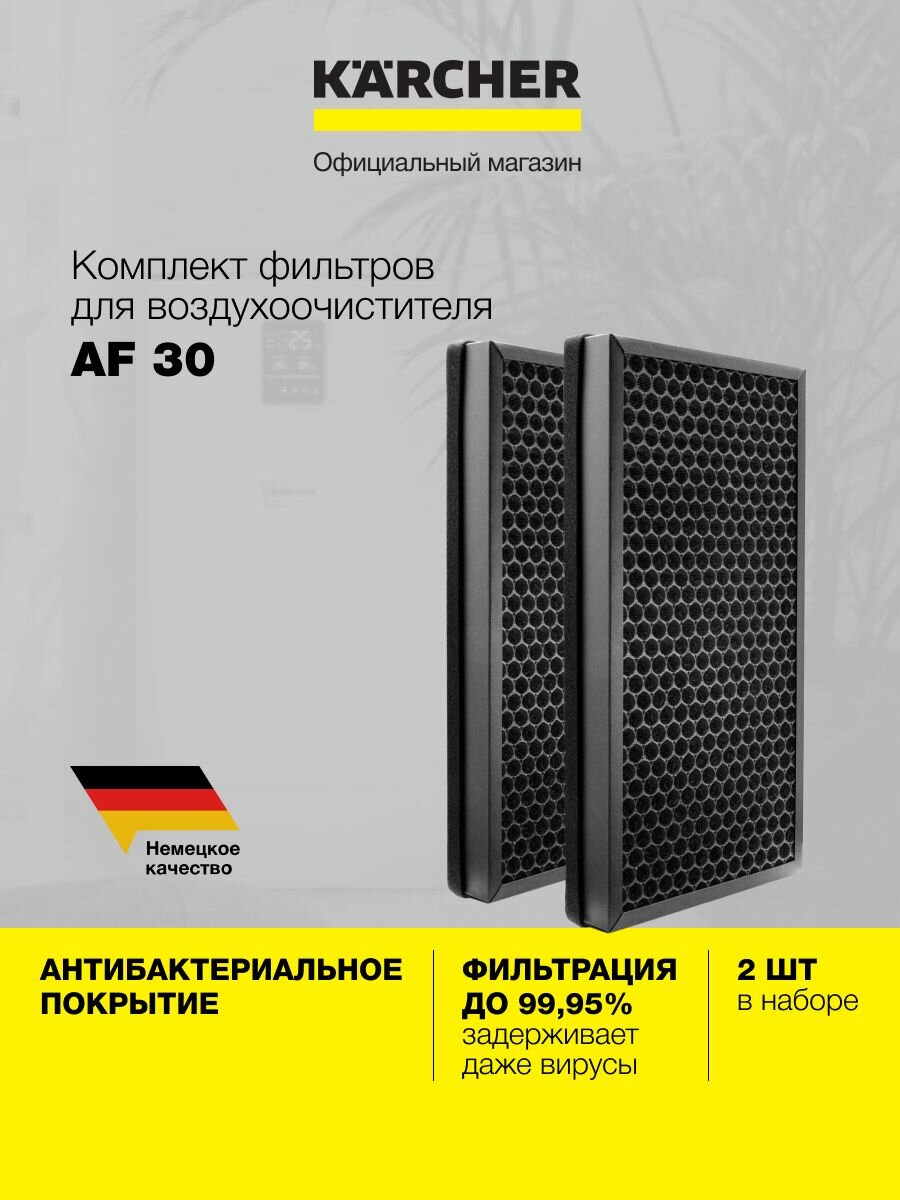 Комплект фильтров H13 для очистителя воздуха Karcher AF 30 2.863-067.0, с добавкой активированного угля и антибактериальным покрытием, 2 шт
