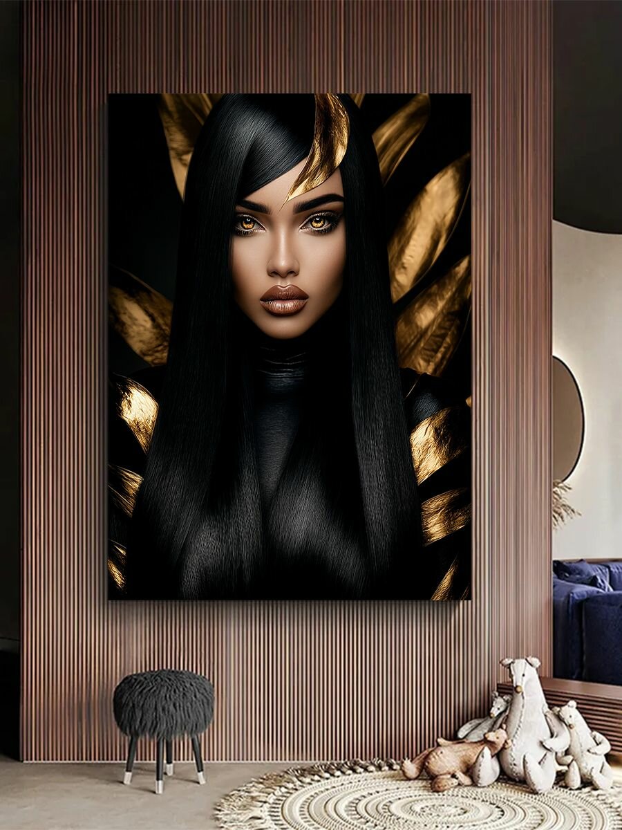 Вертикальная картина на стену - "Портрет / Лицо девушки в черно-золотом" , 50х70 см.