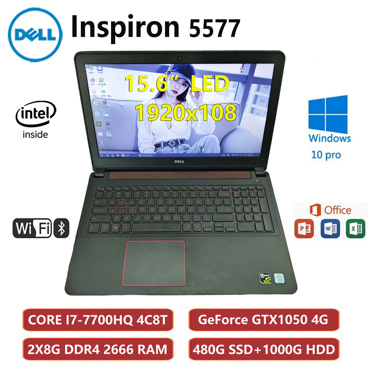 Подержанный ноутбук 15.6" DELL Inspiron 5577 ( CORE i7-7700HQ 4C4T+2X8GB DDR4 2400 RAM+480G M.2 NGFF SSD+1000G HDD+NVIDIA GTX1050 4G+Intel UHD 630 Видеокарта+1920X1080 IPS 4K) Win 10 pro