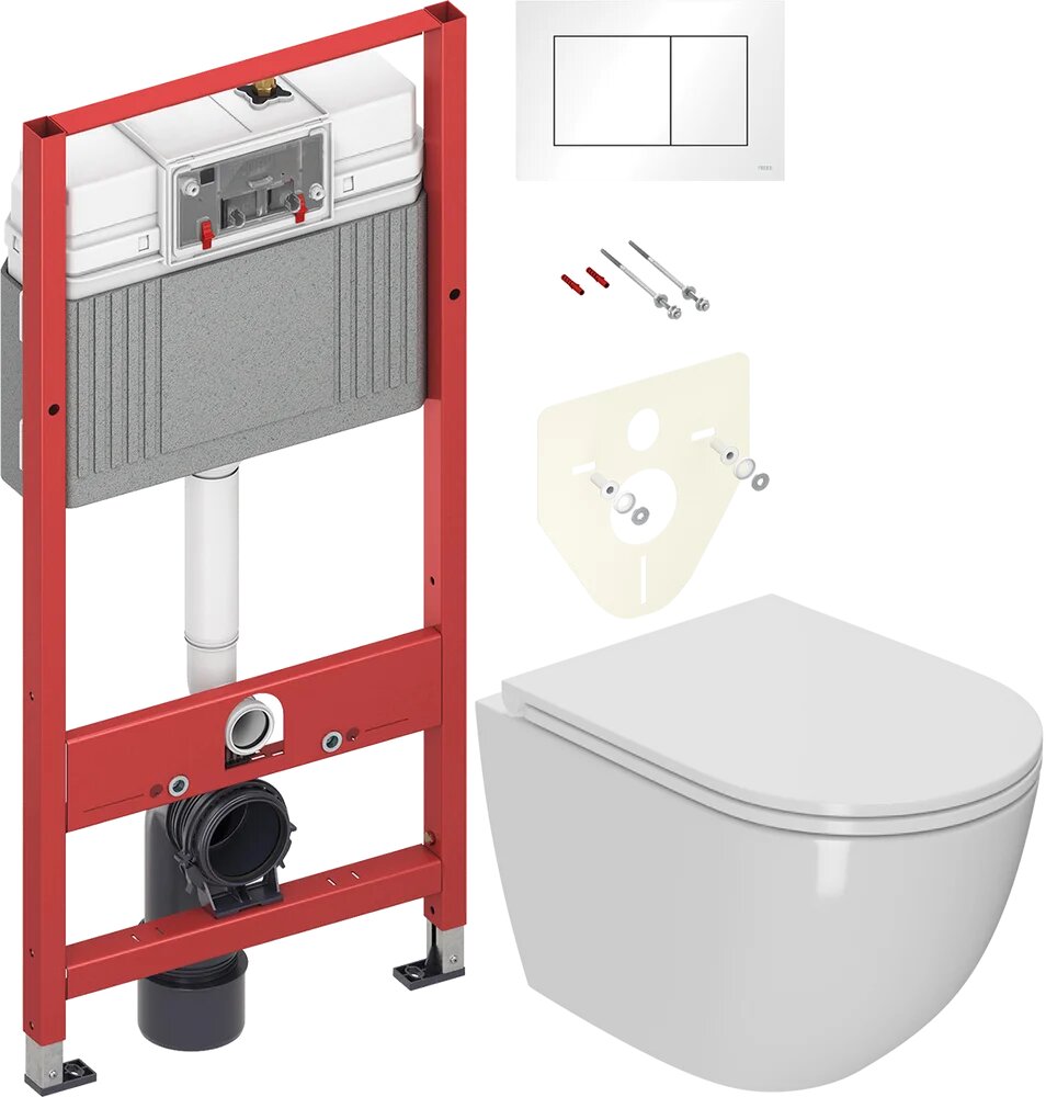 Комплект 2 в 1 Унитаз подвесной Bauedge Bau Dream Hurricane-2, с микролифтом, безободковый, белый / Инсталляция с кнопкой TECE Base 9400413 цвет белый