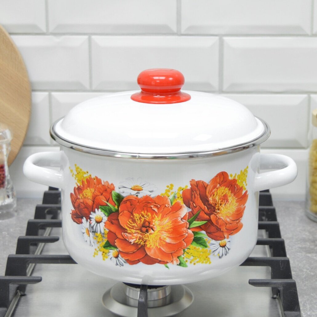 Кастрюля эмалированная 4л с крышкой, индукционное дно, рисунок "Пионы"