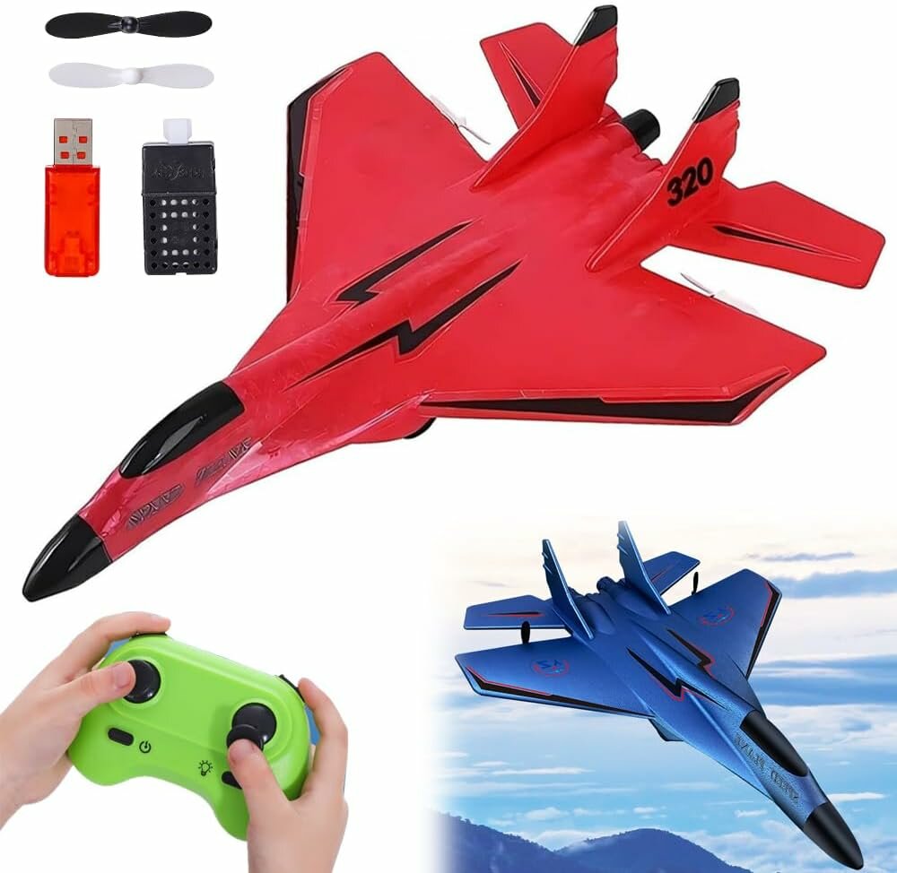 Самолет радиоуправляемый, новинка 2025 радиоуправляемый беспроводной самолет игрушка, 2.4GHz радиоуправляемая модель истребителя игрушка, радиоуправляемый планер с светодиодными огнями из пенопласта EPP для детей и взрослых (Красный-320), размер
